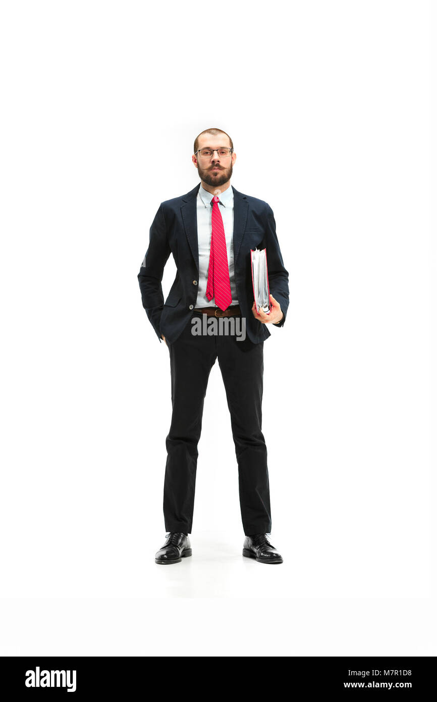 Full body portrait of businessman with folder on white Stock Photo - Alamy