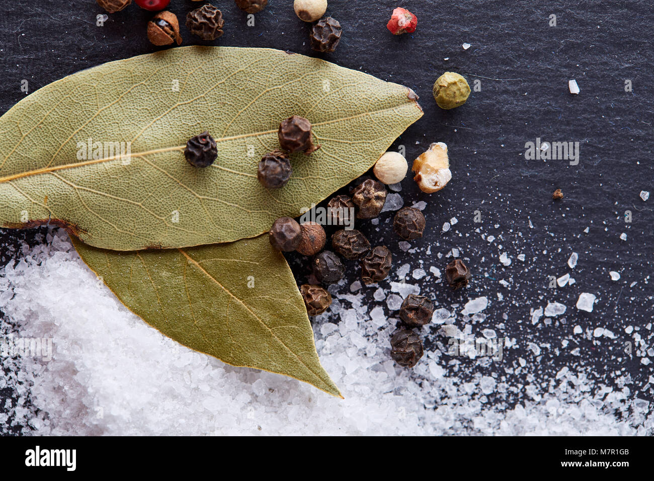 Composition of bay laurel leaf with peppercorn and salt isolated on ...