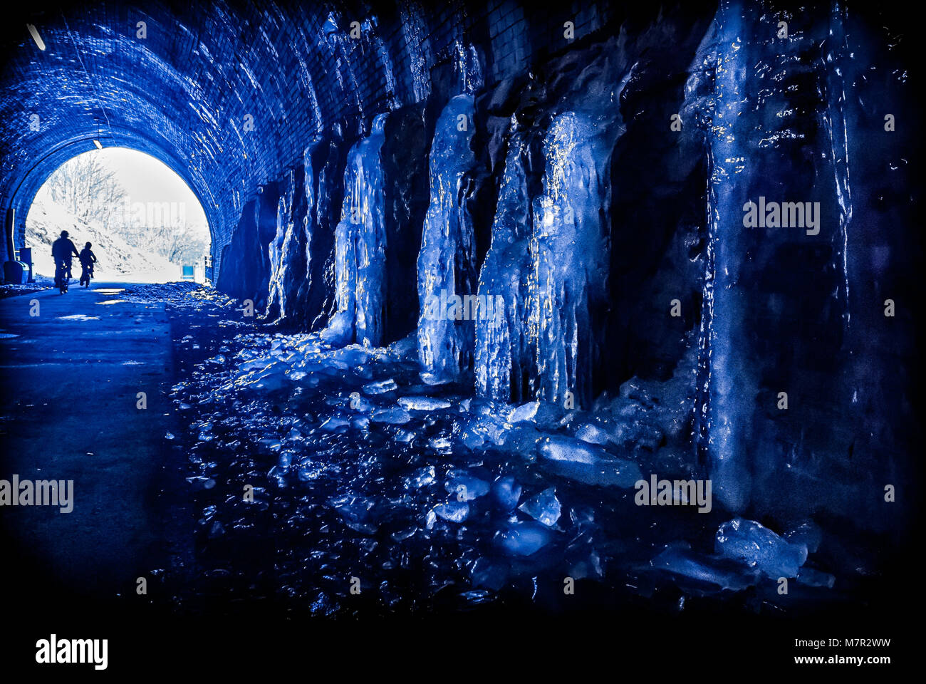 Surreal image of ice inside an old railway tunnel on the Monsal trail ...
