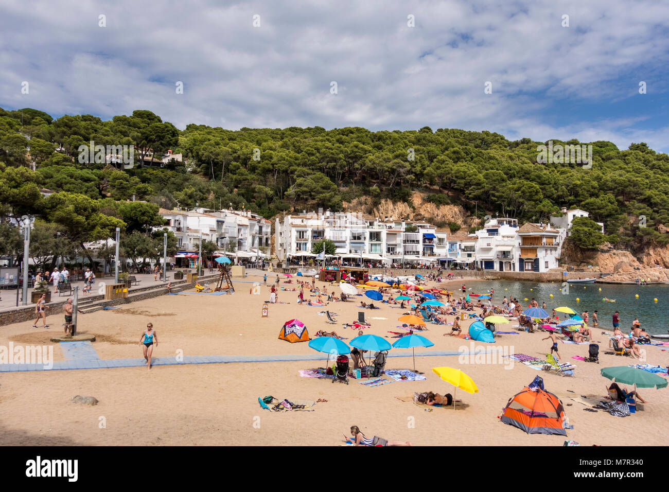 People enjoying summer sun on the beach of Tamariu Bay, Baix Emporda ...