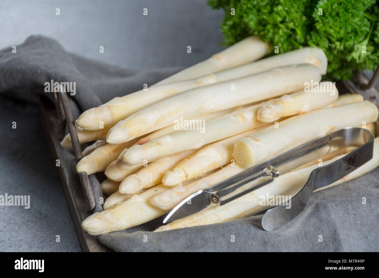 Spring season, new harvest of Dutch, German white asparagus, bunch of ...