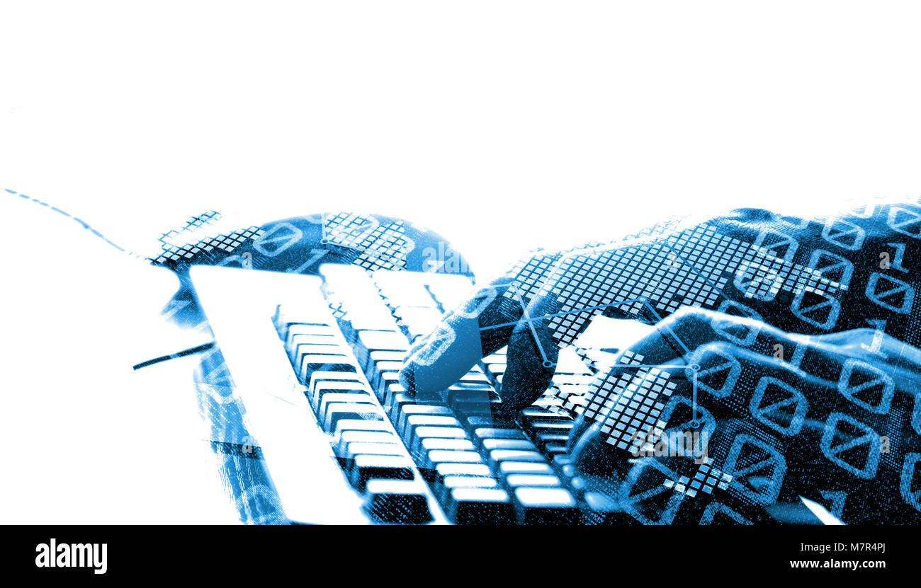 Hand and keyboard, tech binary, technology era office Stock Photo - Alamy