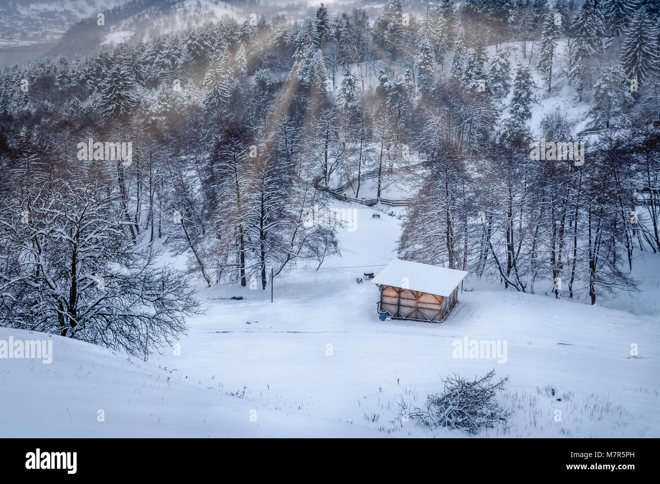 Hut in the snow. An old wooden hut in the snow Stock Photo - Alamy