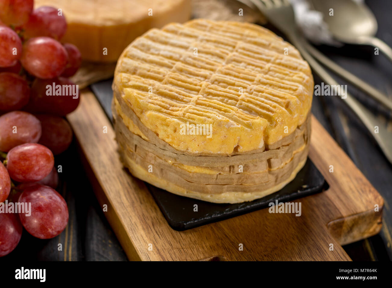 Tasting of oldest french AOC soft pudgent wrapped yellow cheese Livarot ...