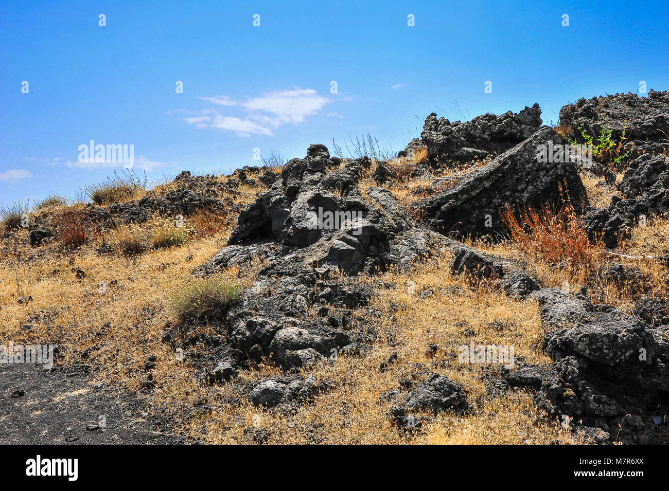 Rocky volcanic landscape at the base of Mt Etna, Sicily, Italy. Black ...