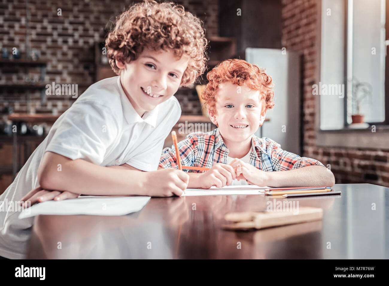 Positive nice boys drawing together Stock Photo - Alamy