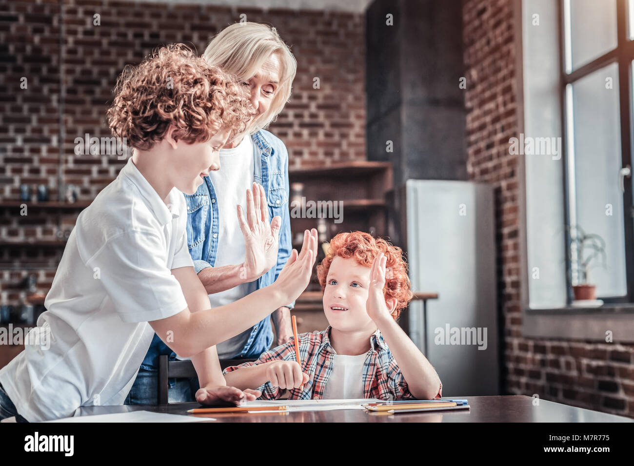 Delighted positive boys giving each other high five Stock Photo - Alamy