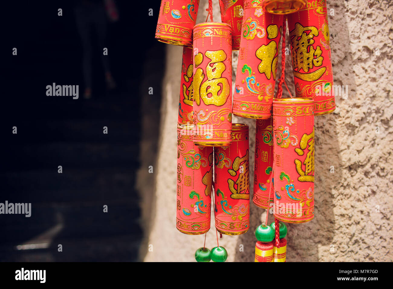 The traditional Chinese golden firecrackers are used to scare away bad ...