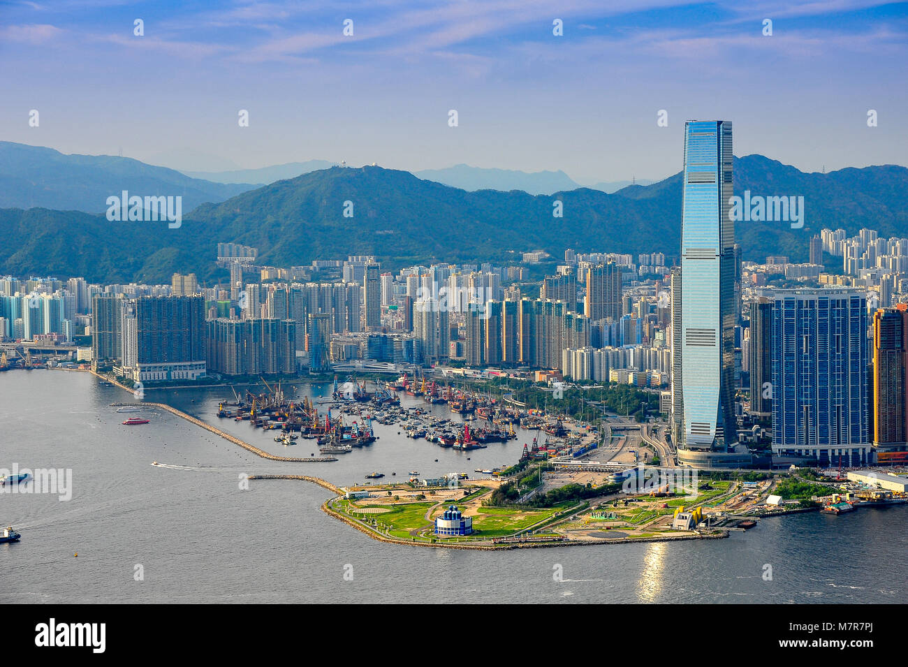 Panorama of Kowloon peninsula and Victoria Harbour, showing highrises ...