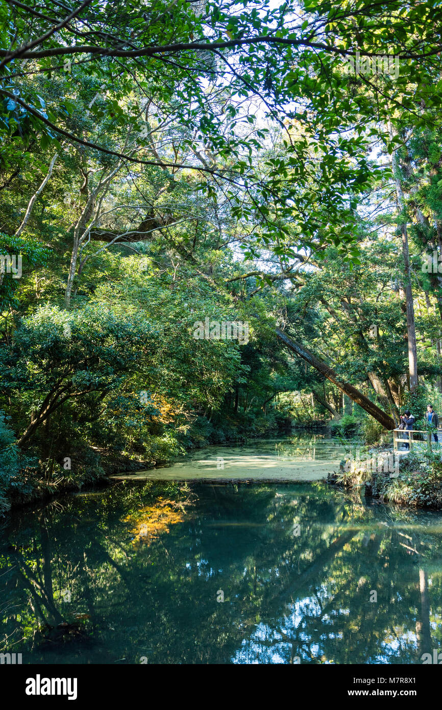 Japan, Ise, Ise-jingu Geku, Outer Shrine. River and woodlands along ...