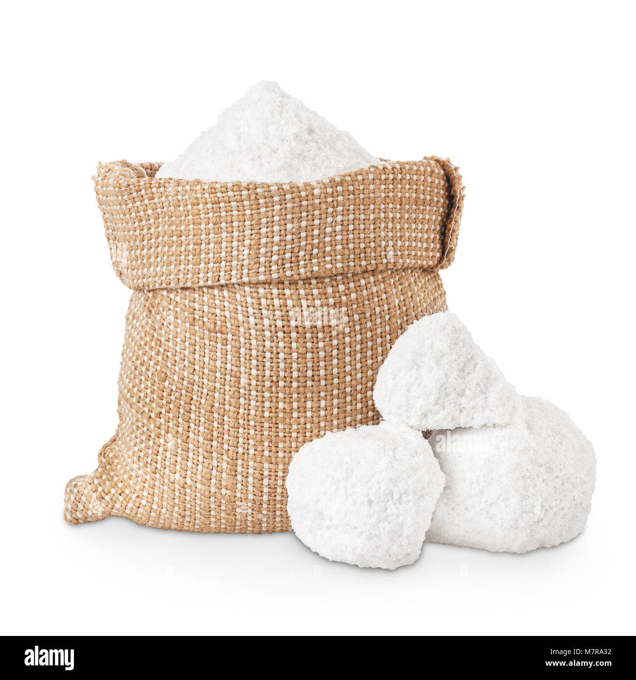 pieces of salt and crystals of salt in bag isolated on white background ...