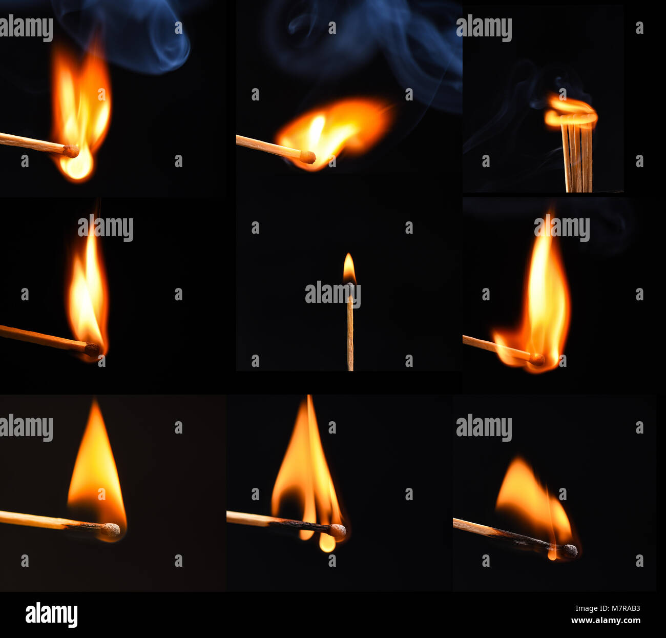 Burning matches on a black background. Collage Stock Photo - Alamy