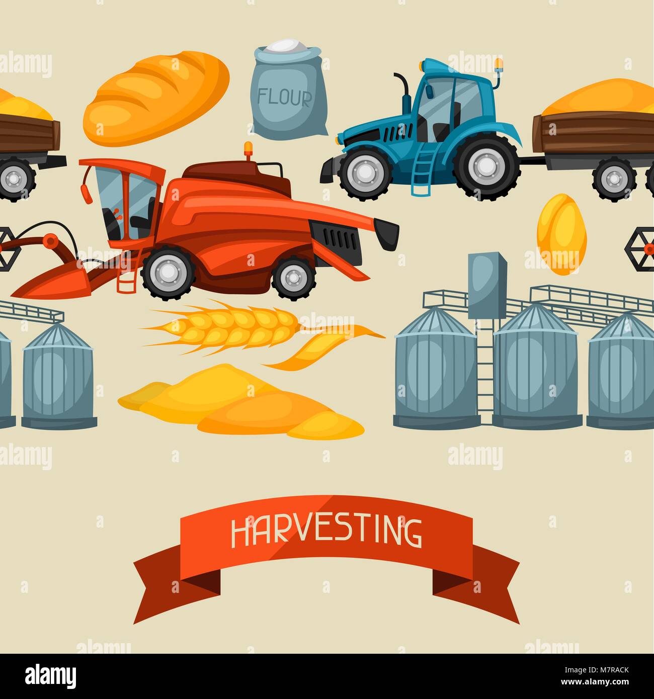 Agricultural seamless pattern with harvesting items. Combine harvester ...