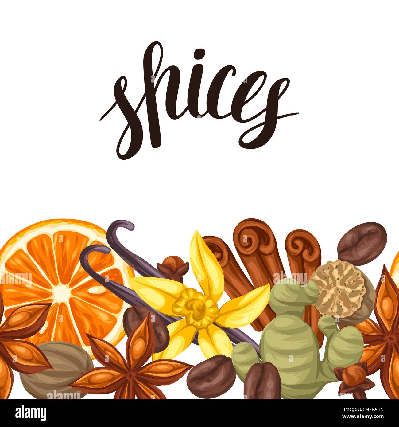 Seamless border with various spices. Illustration of anise, cloves ...