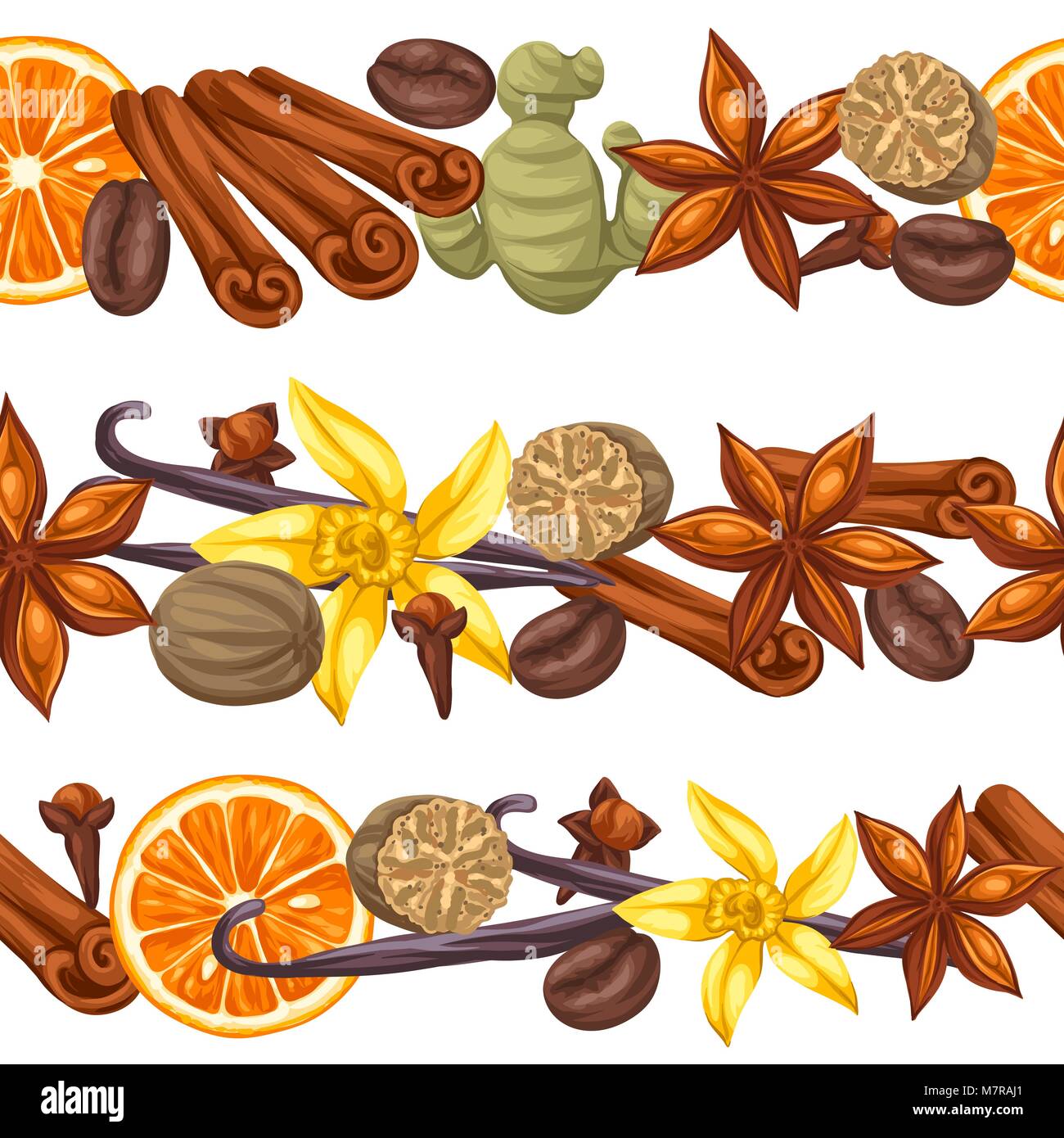 Seamless borders with various spices. Illustration of anise, cloves ...