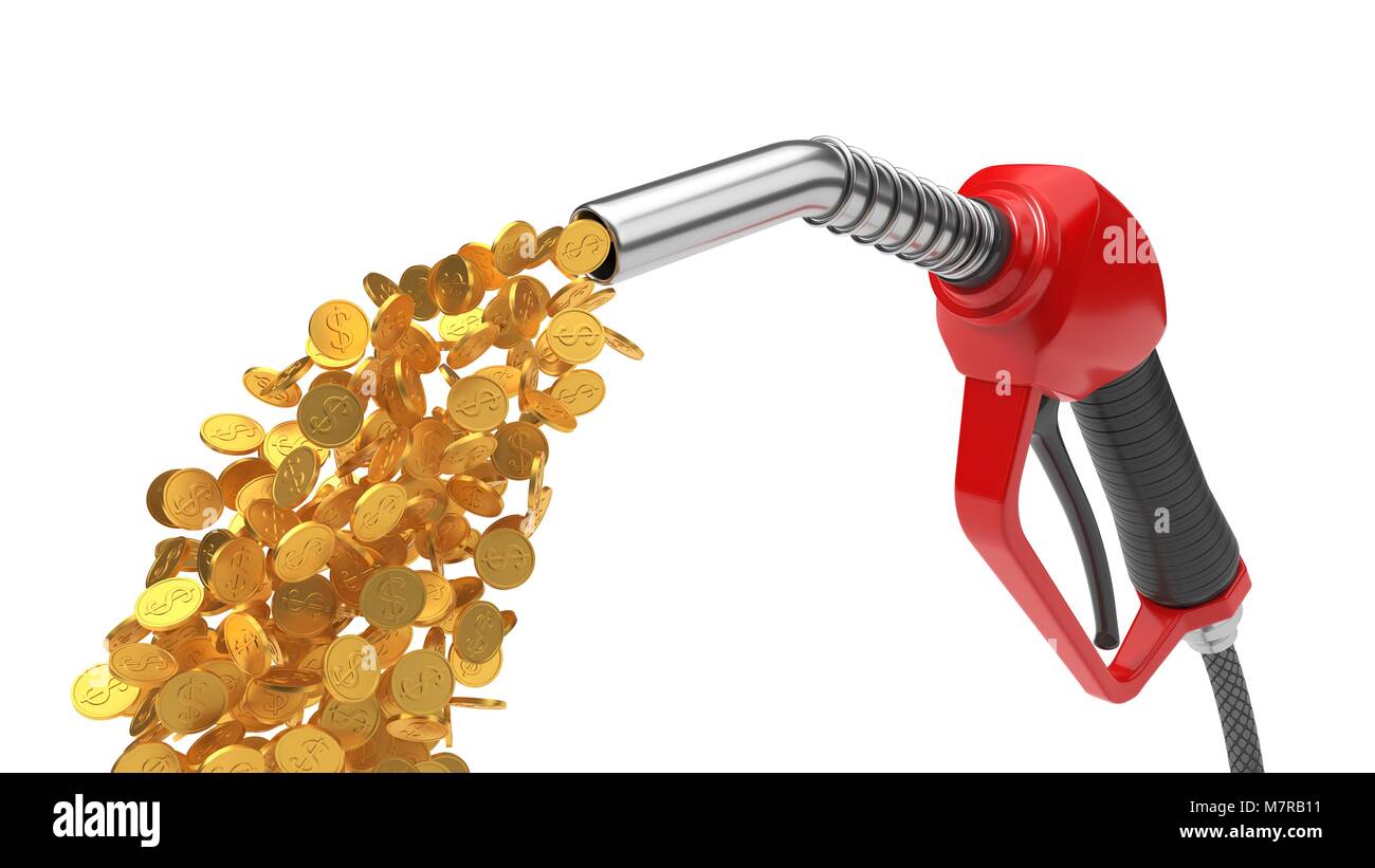 red fuel nozzle pumping gold coins. 3d illsutration Stock Photo - Alamy