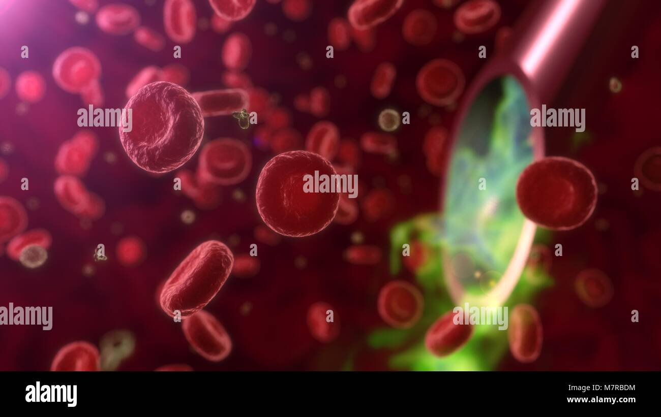 blood cells in vein with injection moment on background. 3d ...