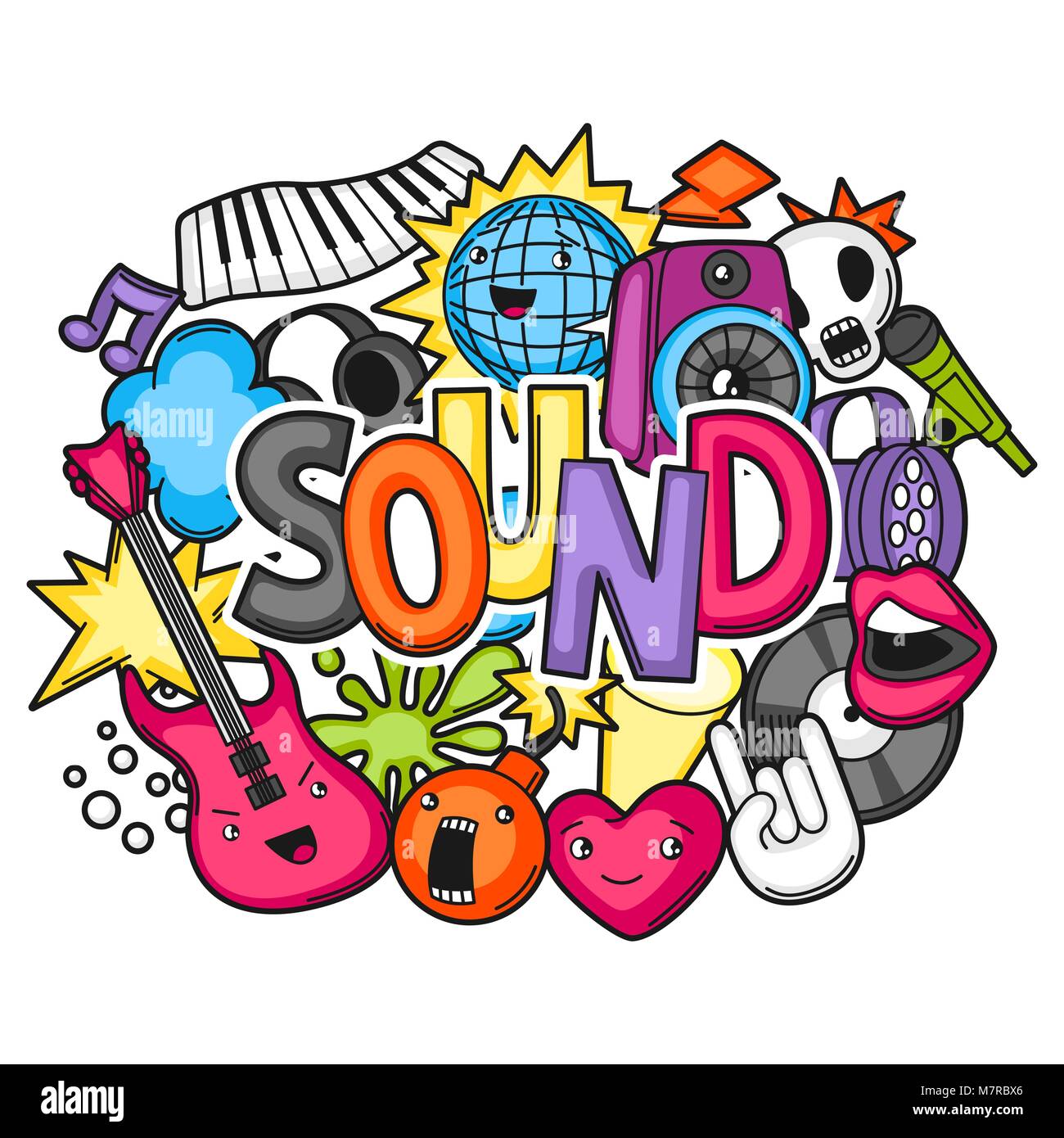 Music party kawaii design. Musical instruments, symbols and objects in ...