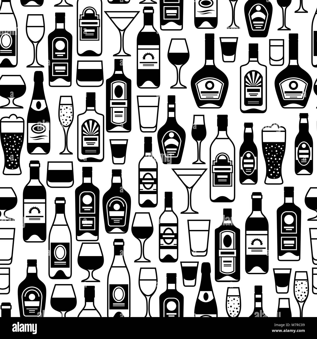 Alcohol drinks seamless pattern. Bottles, glasses for restaurants and ...