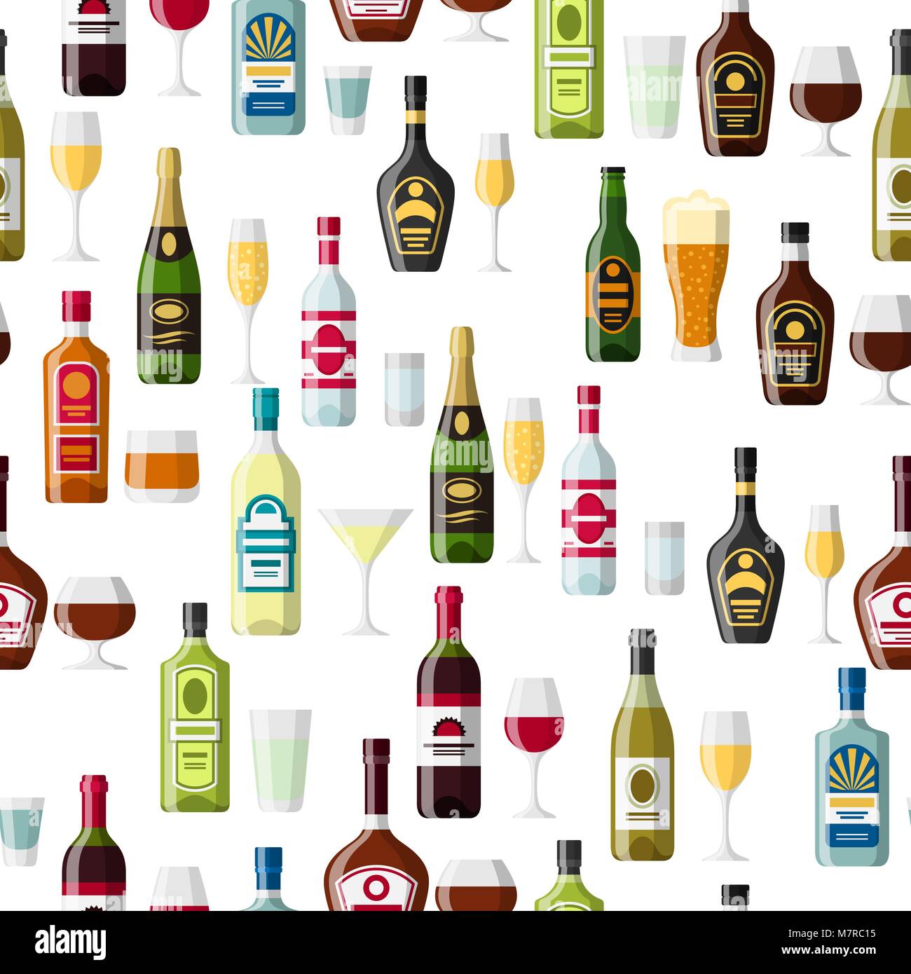 Alcohol drinks seamless pattern. Bottles, glasses for restaurants and ...