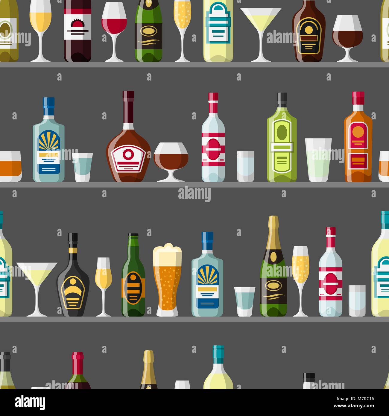 Alcohol drinks seamless pattern. Bottles, glasses for restaurants and ...
