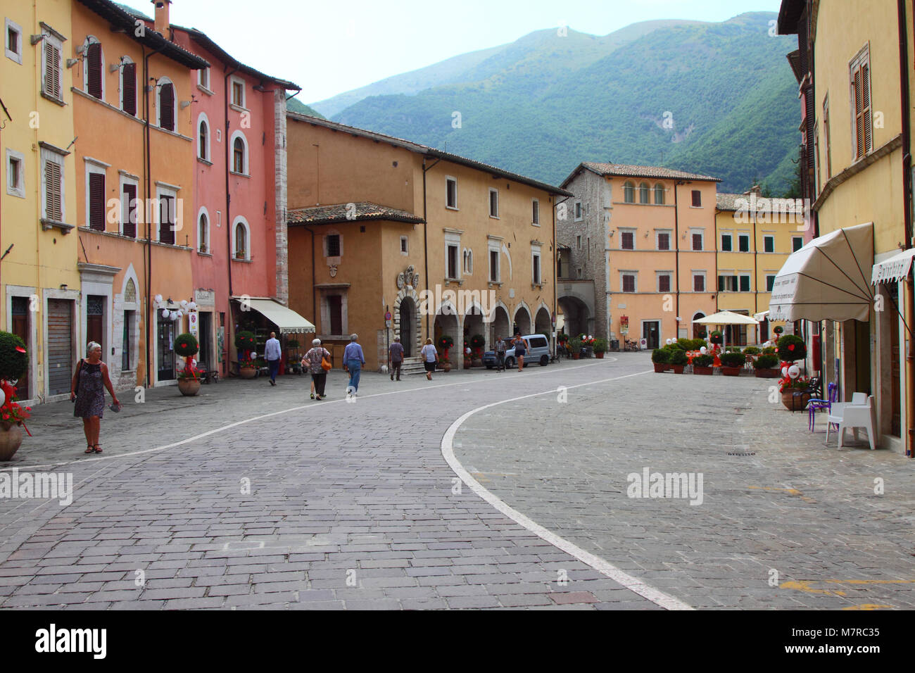 Main street in Visso, the heart of the Sibillini national park, Le ...