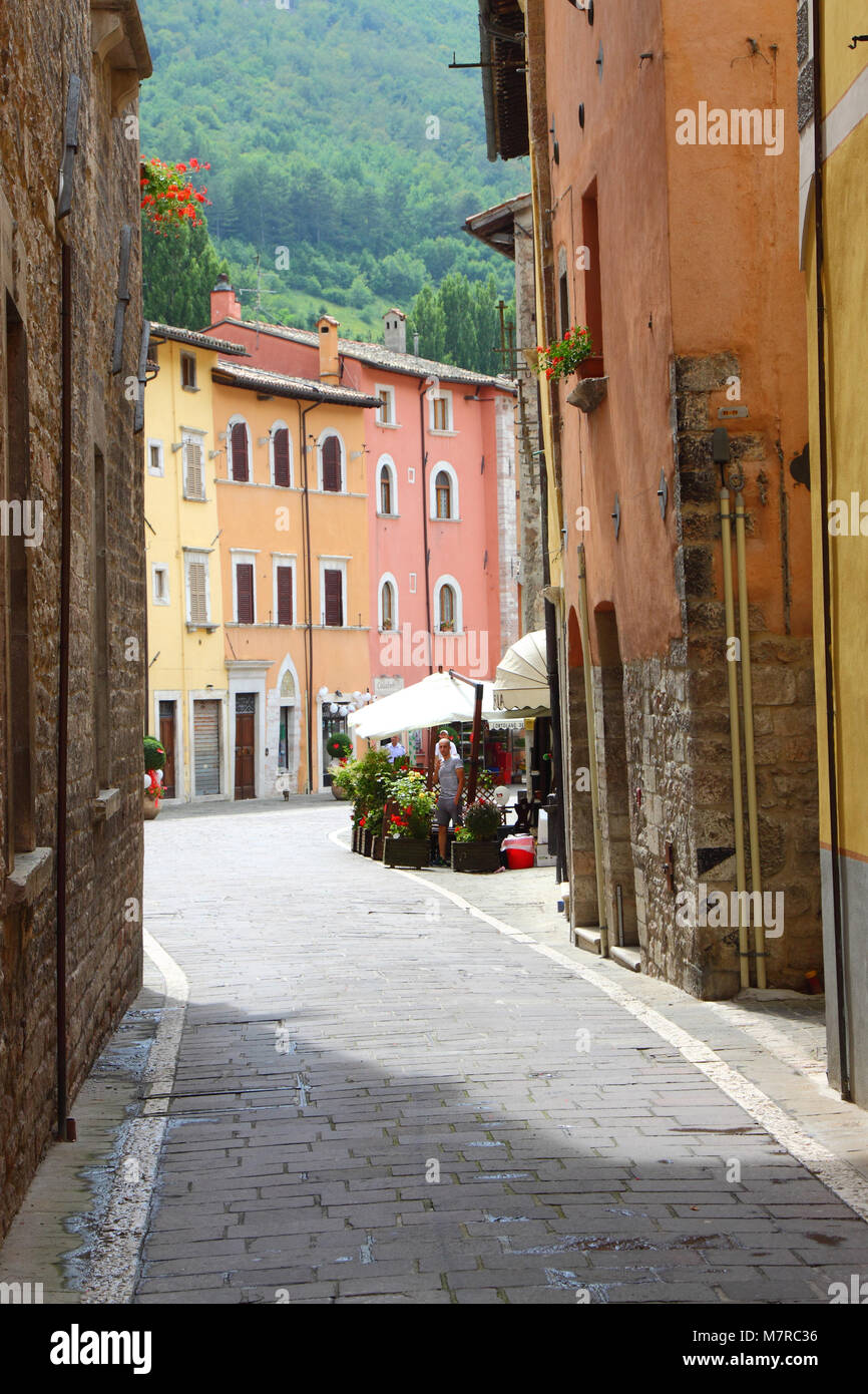 Main street in Visso, the heart of the Sibillini national park, Le ...