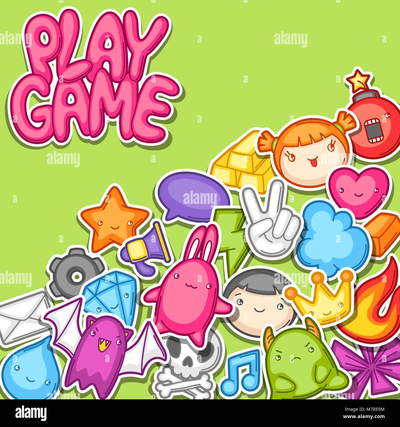 Game kawaii background. Cute gaming design elements, objects and ...