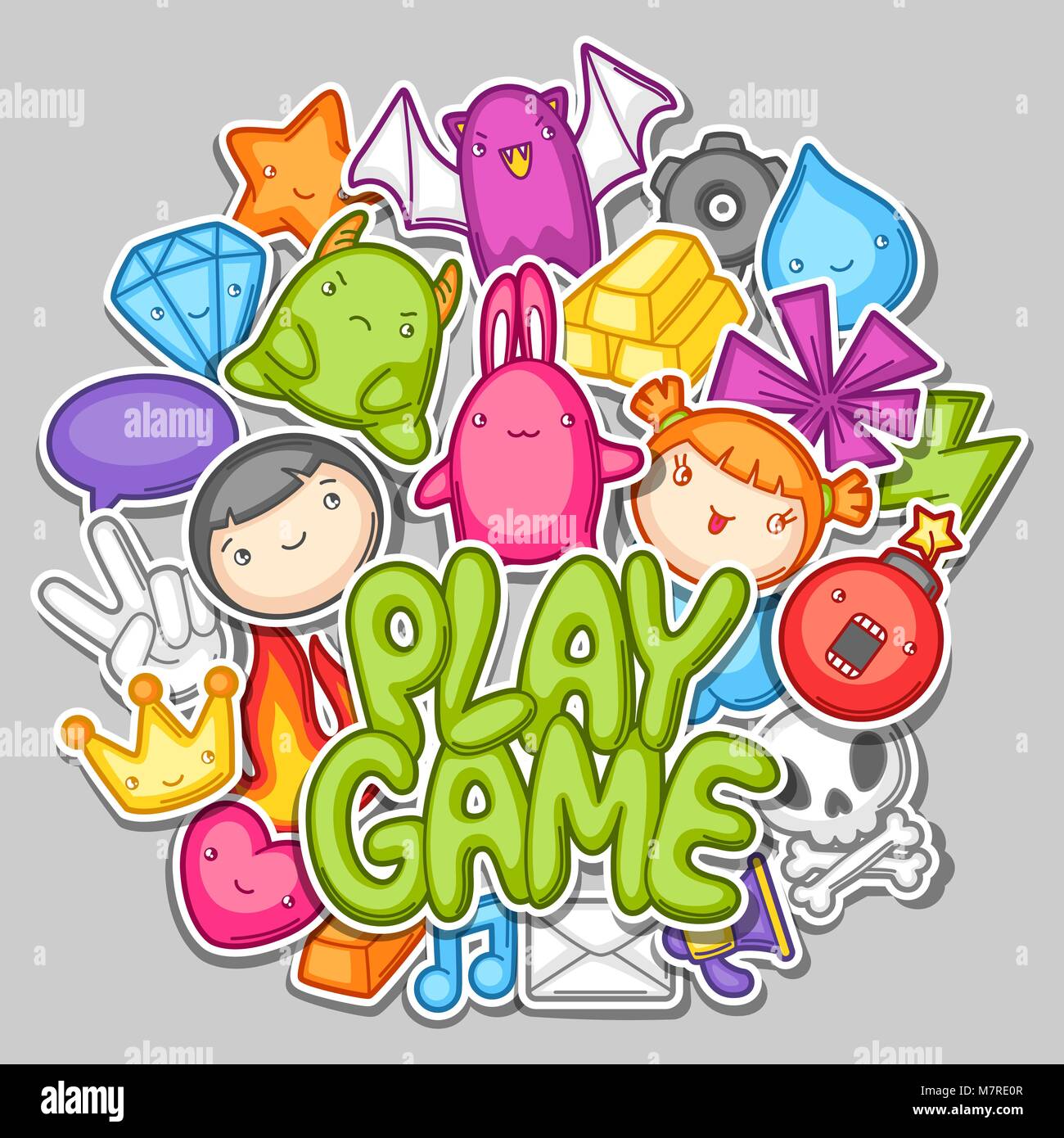 Game kawaii design. Cute gaming elements, objects and symbols Stock ...