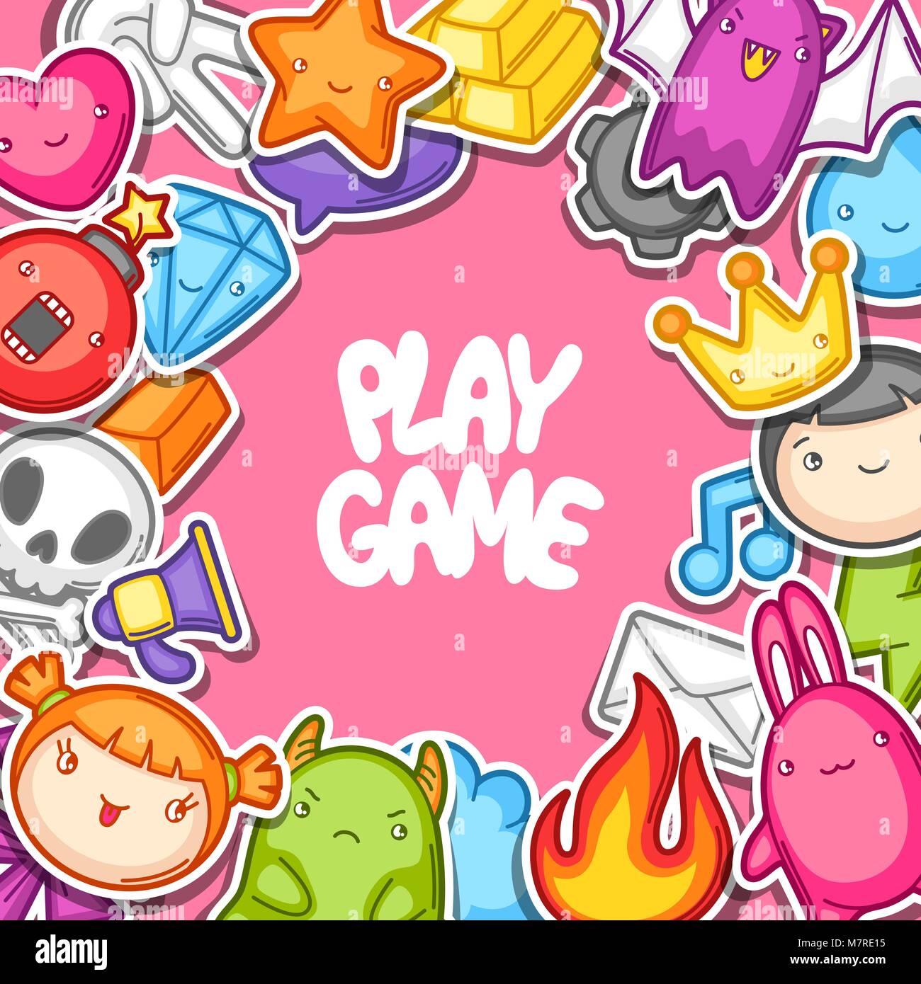 Game kawaii background. Cute gaming design elements, objects and ...