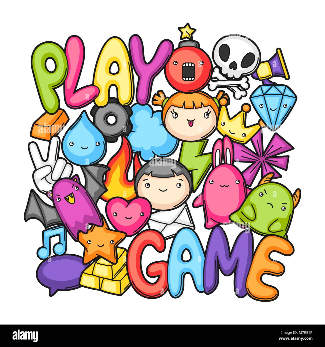 Game kawaii print. Cute gaming design elements, objects and symbols ...