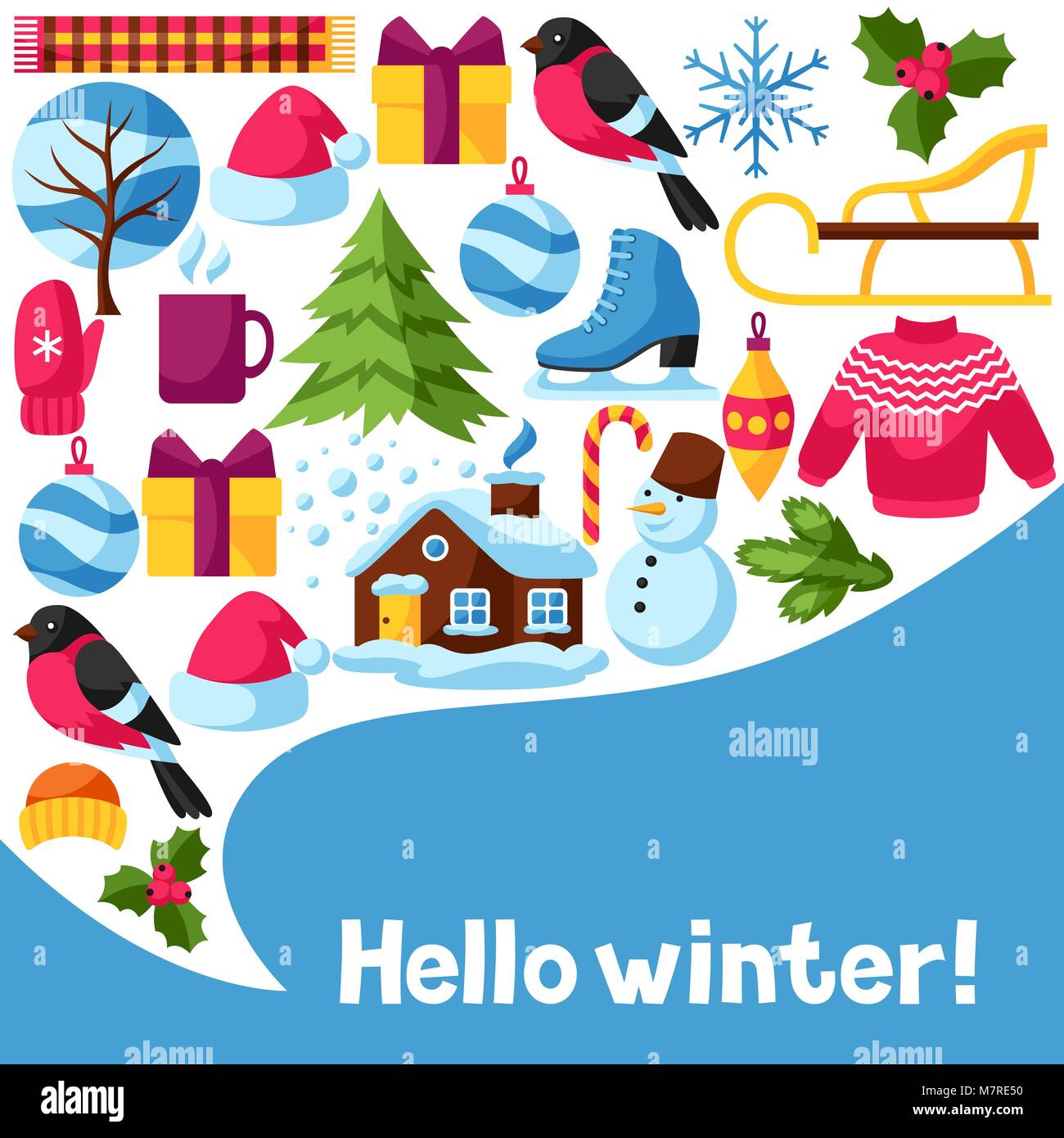 Hello winter background. Merry Christmas, Happy New Year holiday items ...