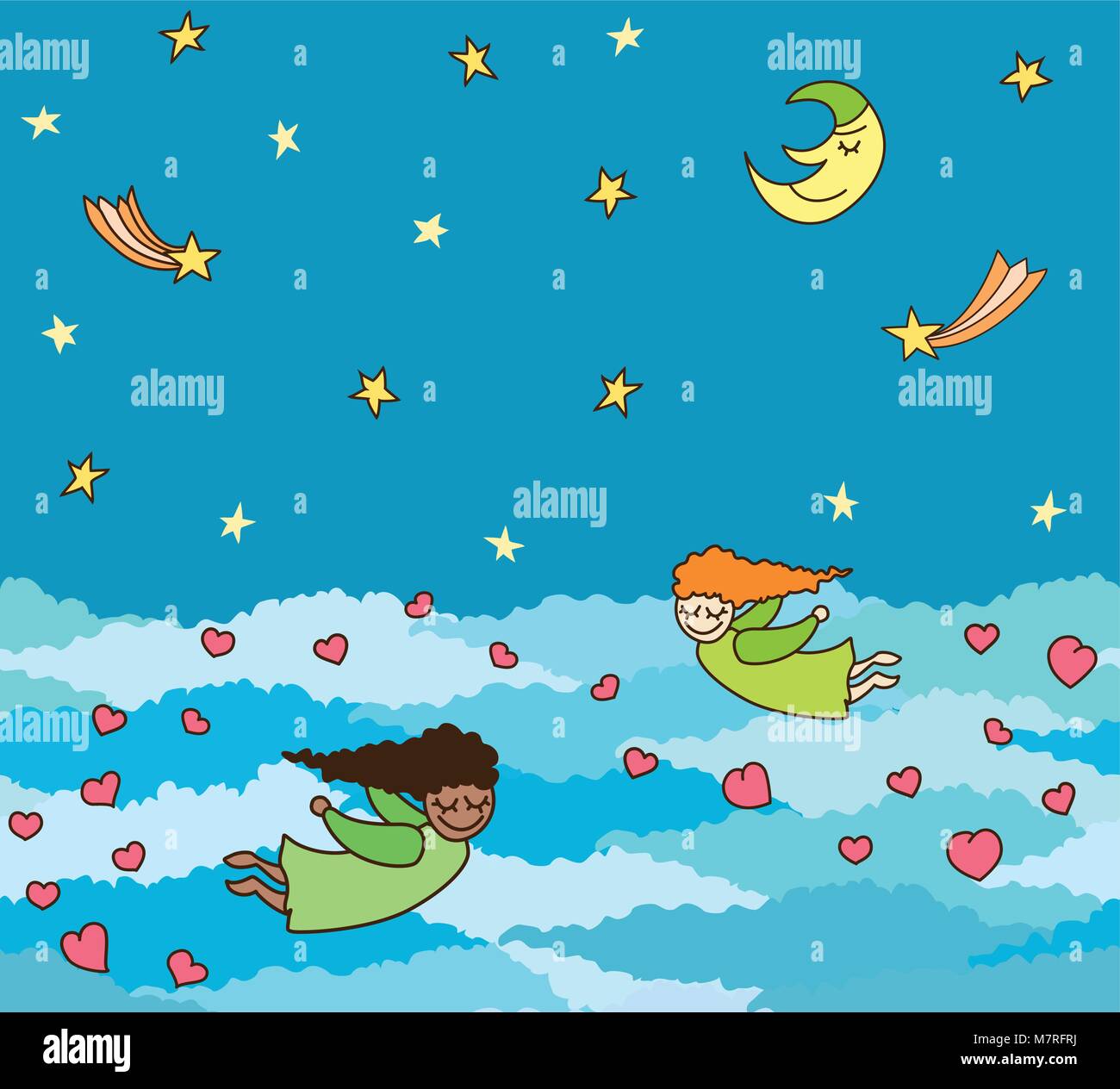 Vector postcard of flying little angels with hearts above night clouds ...