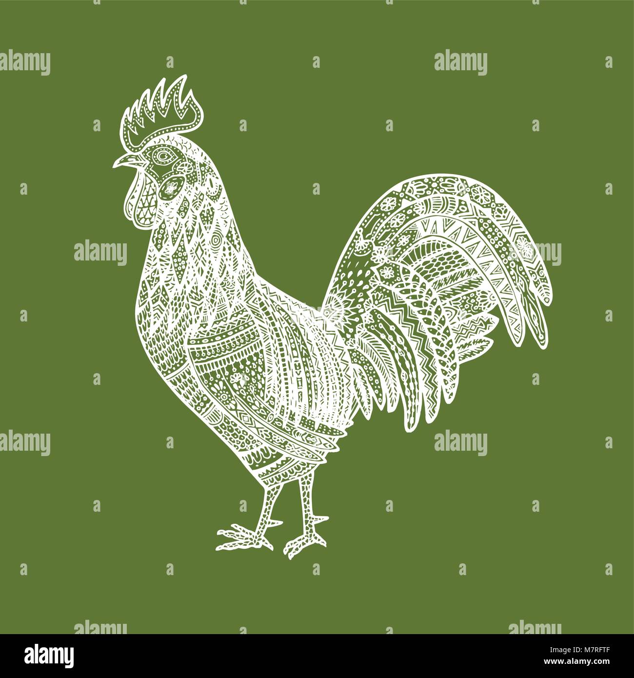 Hand drawn white doodle rooster on green background. Vector rooster in ...