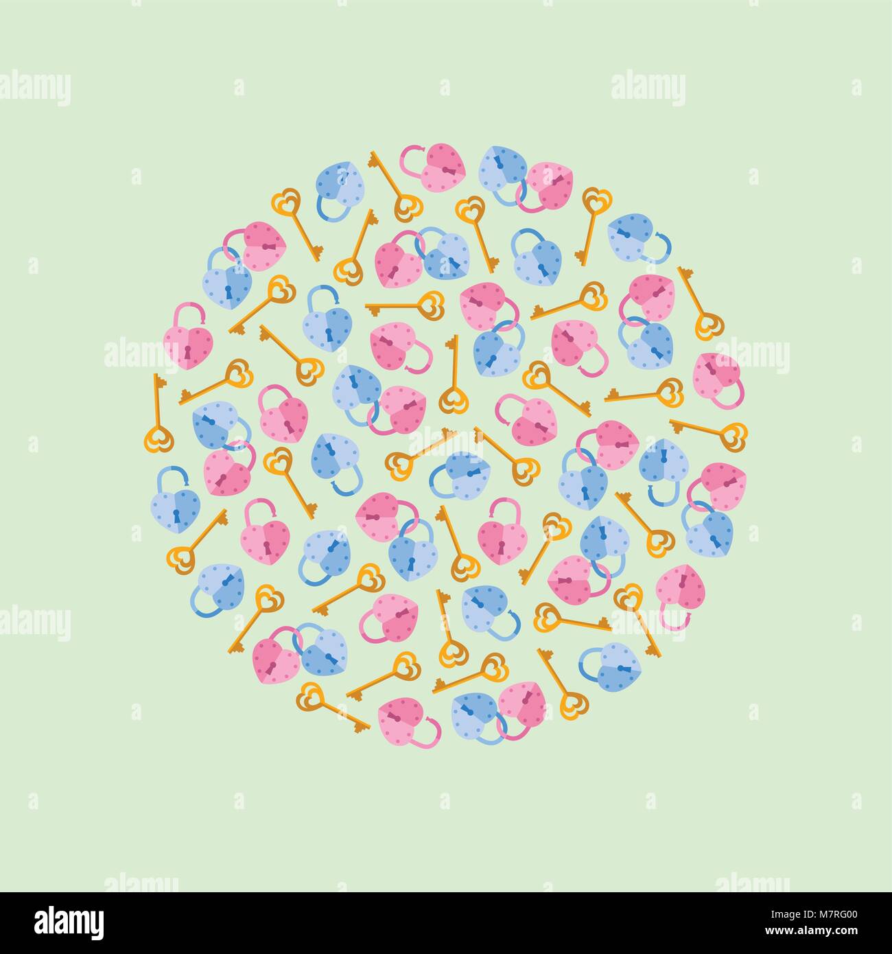 Vector illustration round of padlocks, keys in heart shape. Greeting ...