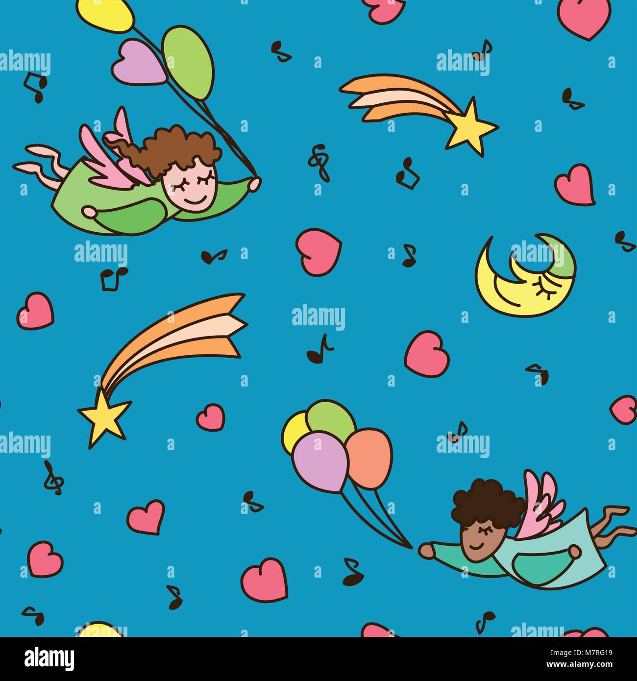 seamless pattern of little cartoon flying angels with heart, balloon ...