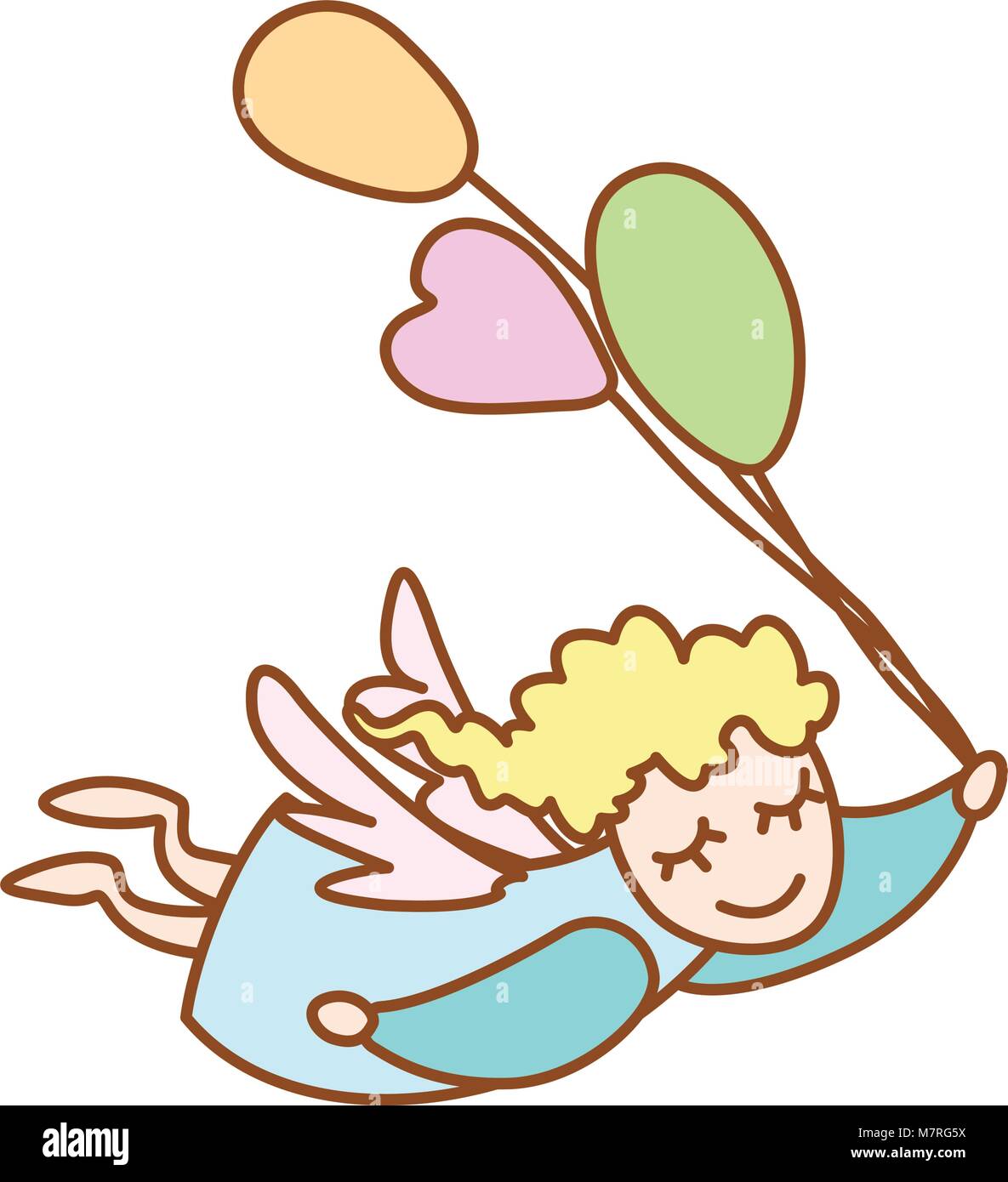 illustration of the little angel flying with balloons on a white ...
