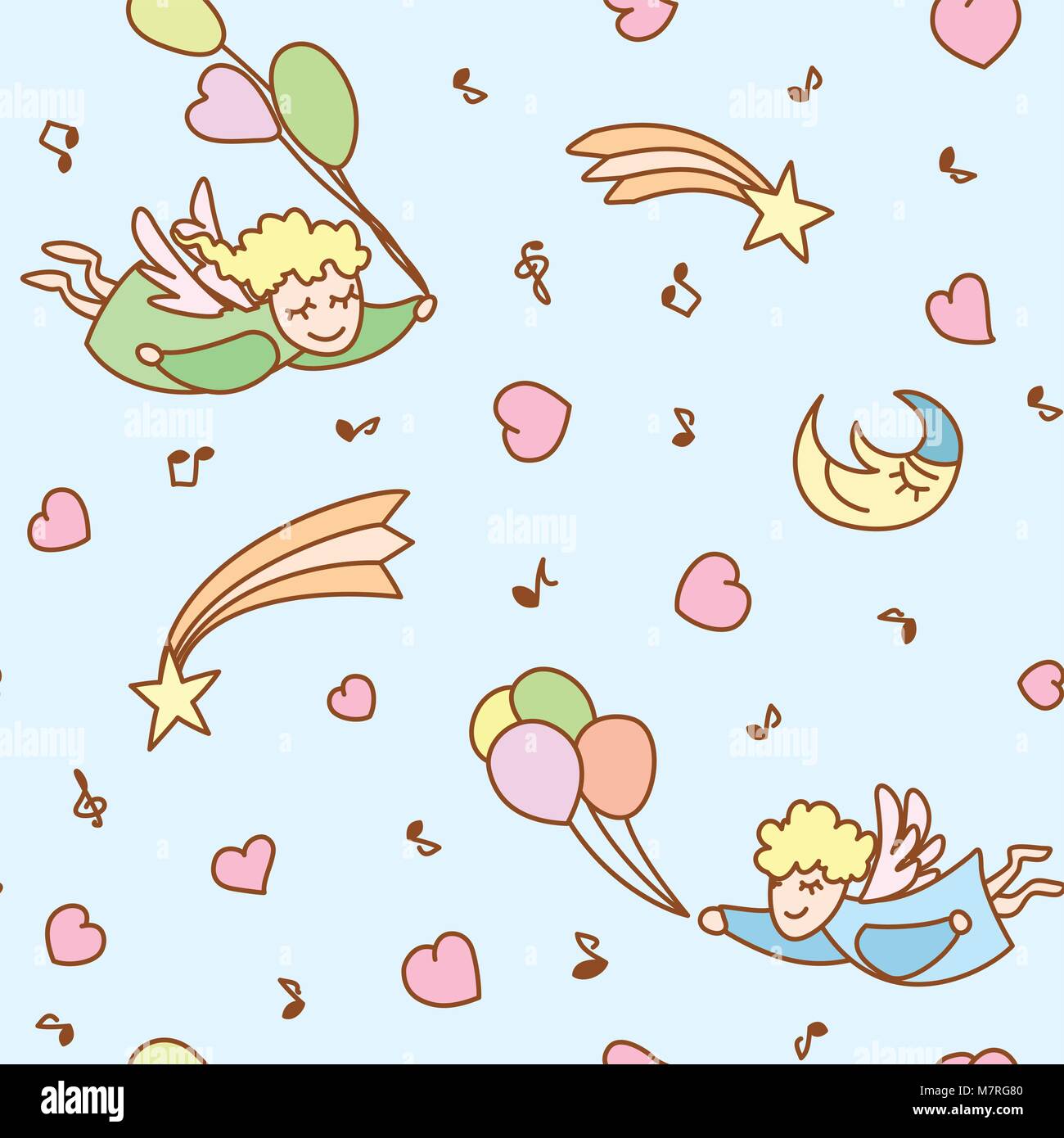 Seamless pattern made from cartoon angels with balloons, hearts and ...
