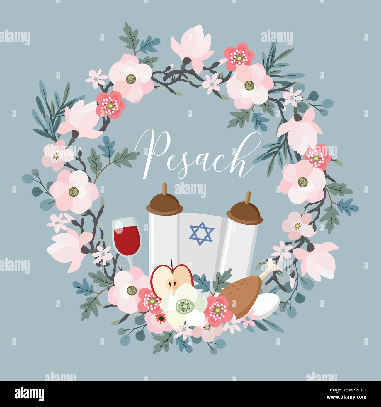 Pesach, Passover greeting card. Hand drawn floral wreath with torah ...