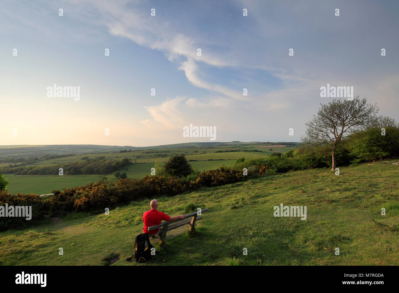 Walker at Cissbury Ring, near Findon village, South Downs National Park ...