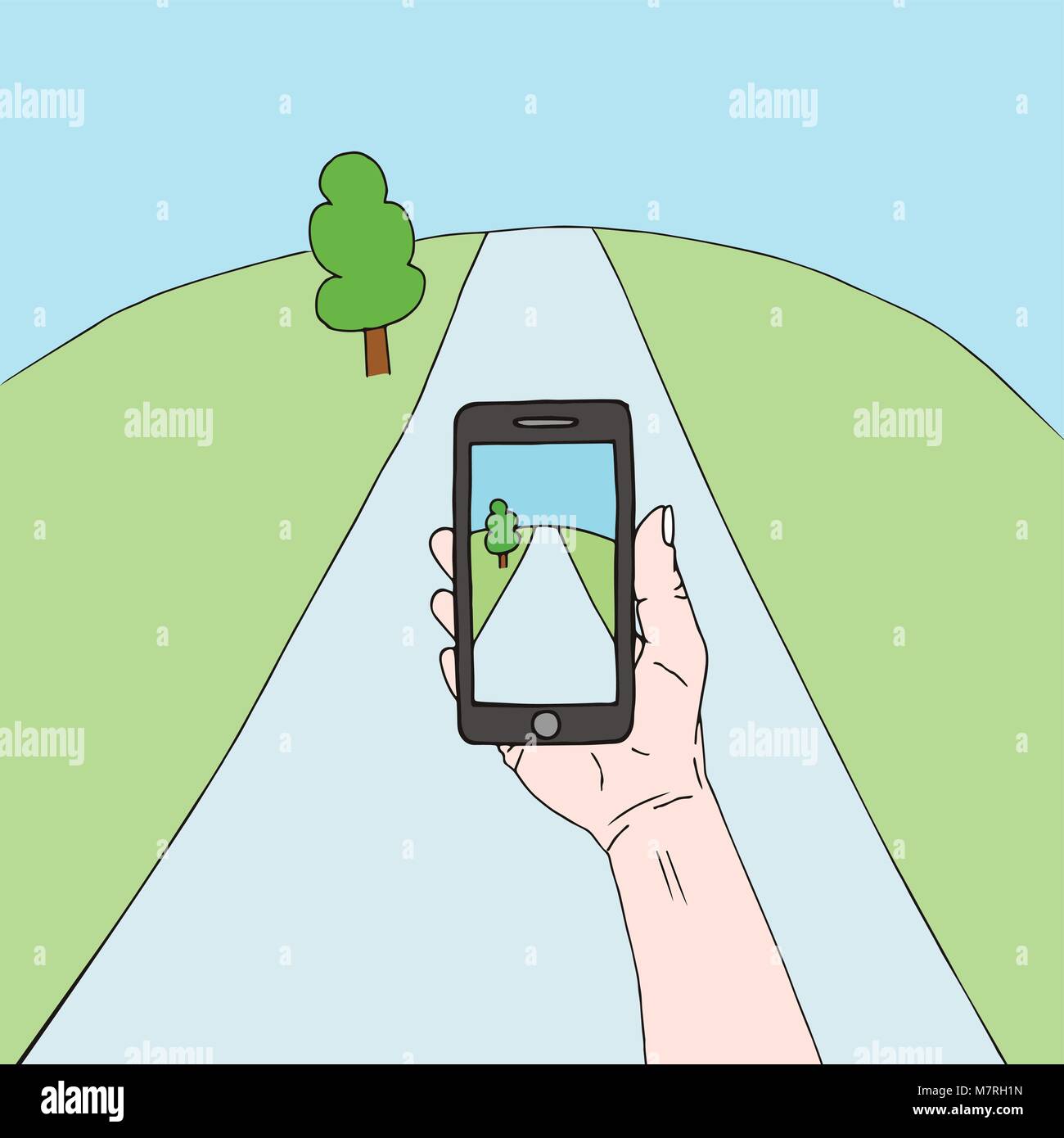 vector illustration of a hand holding a mobile phone with a landscape ...