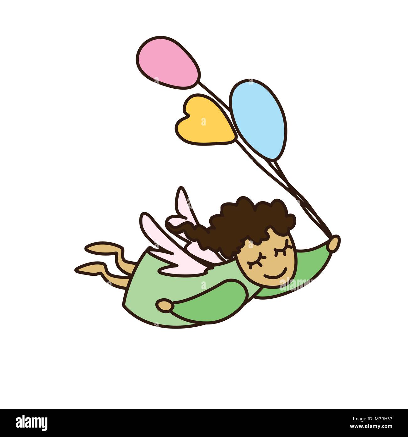 Vector illustration of flying cartoon angel with balloons. Vector ...