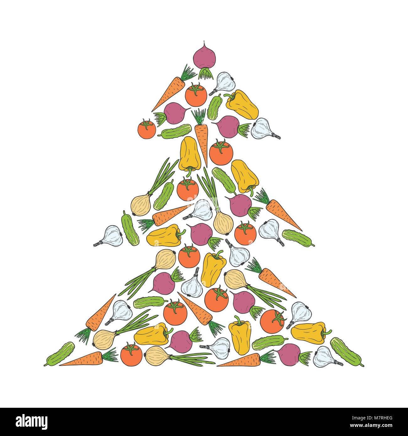 Vector vegetarian Christmas tree from vegetables - carrot, garlic ...