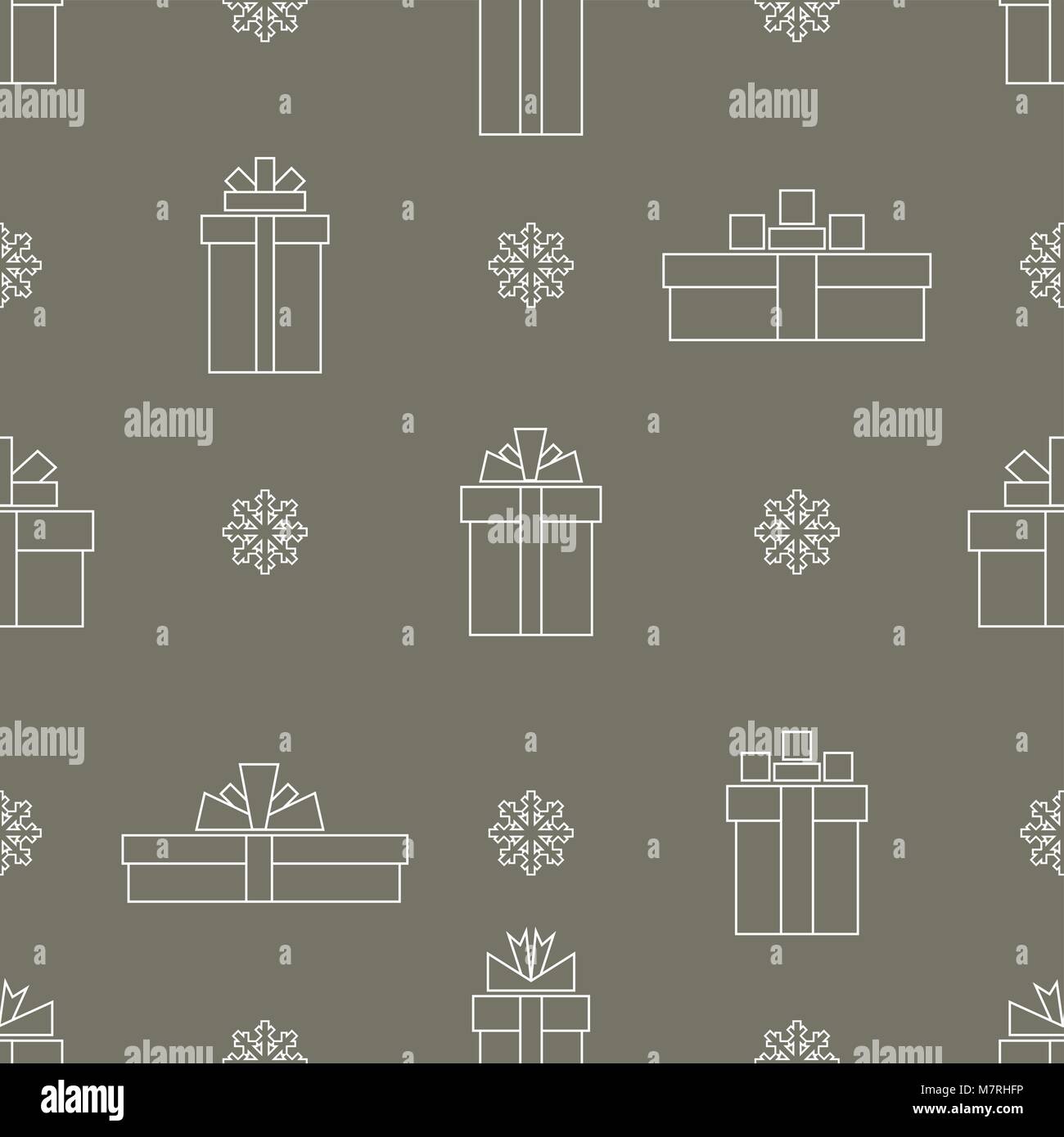 Seamless pattern of Simple linear gift boxes and snowflake on grey ...