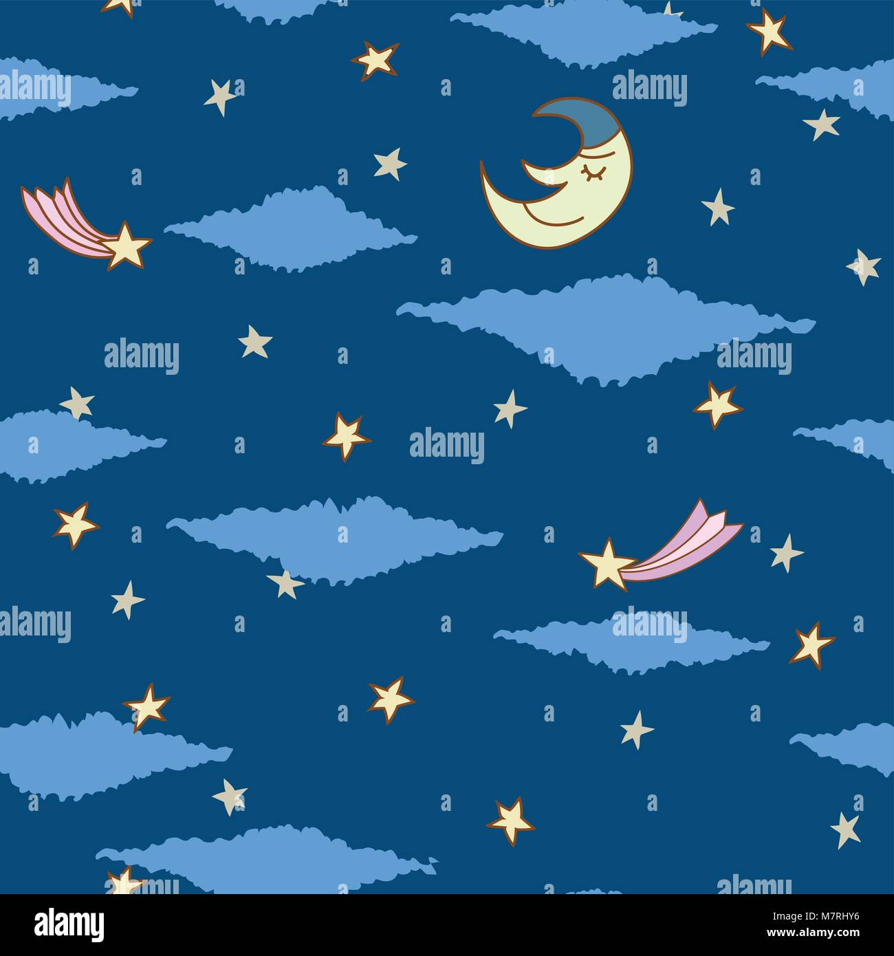 Seamless Pattern Made From Night Sky With Stars Clouds And Sleeping
