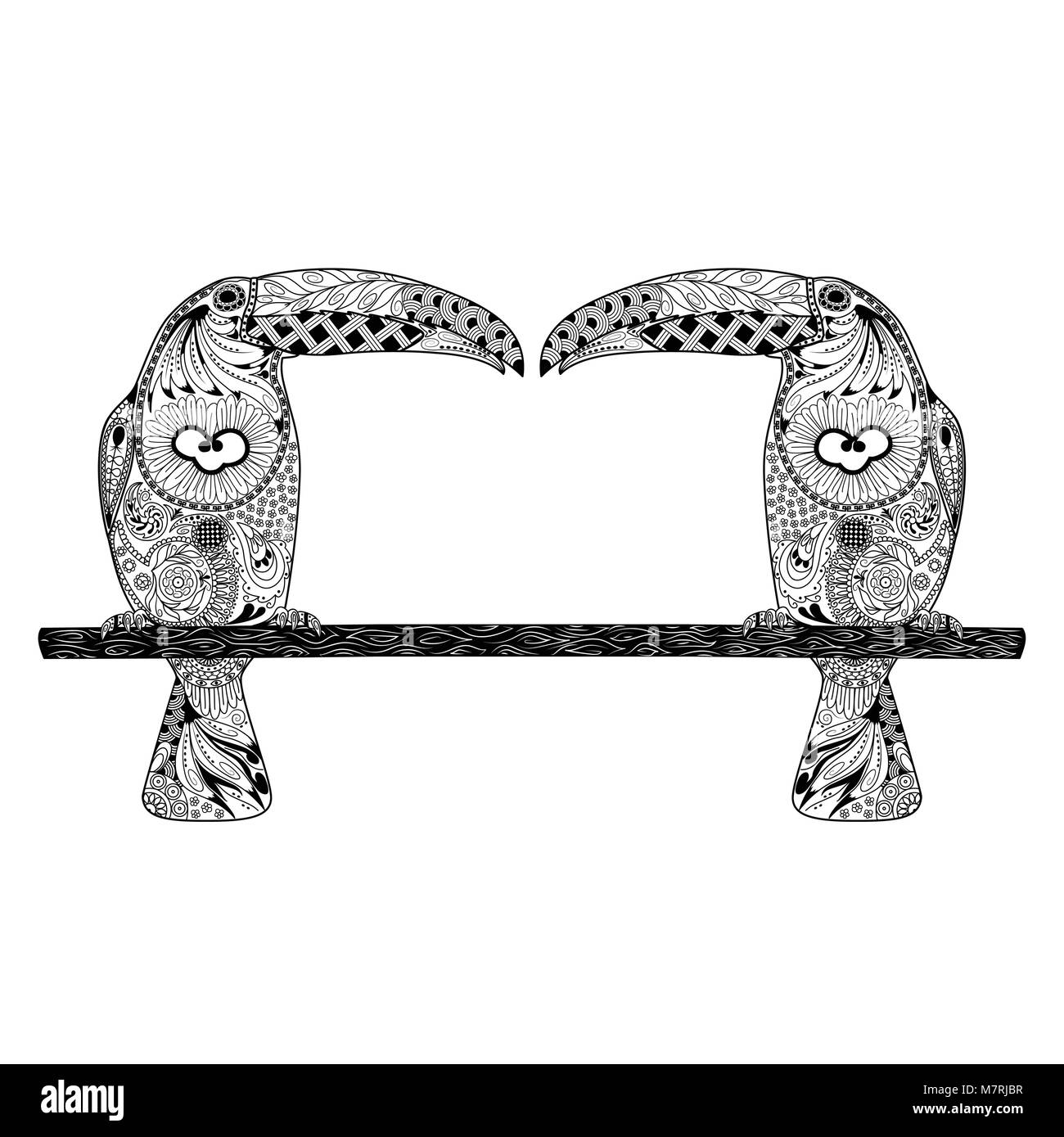 Illustration of two toucans on branch in zentangle style. Hand Drawn ...