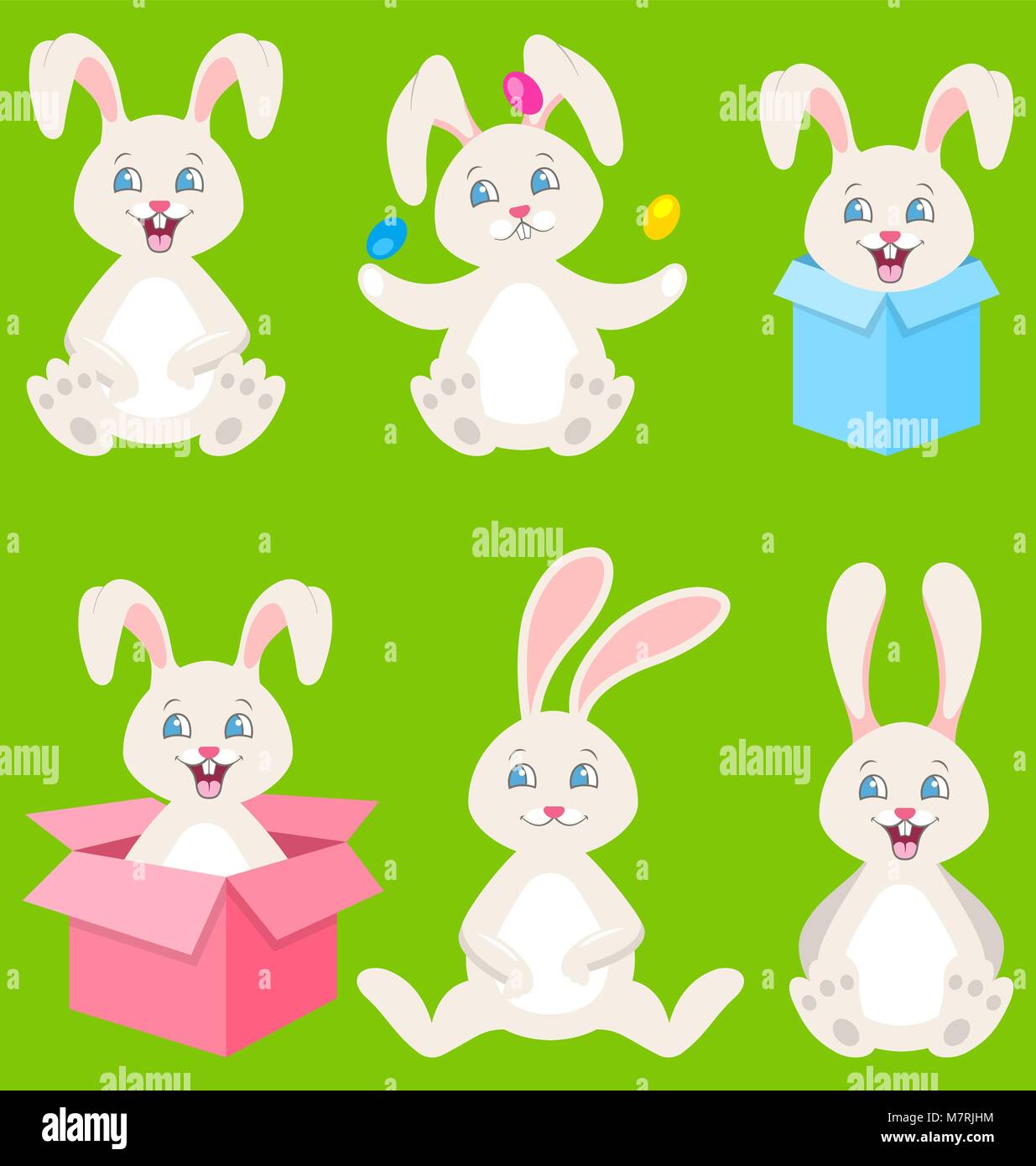 Collection Happy Easter Bunnies with Eggs, Gift Boxes, Cute Rabbits ...