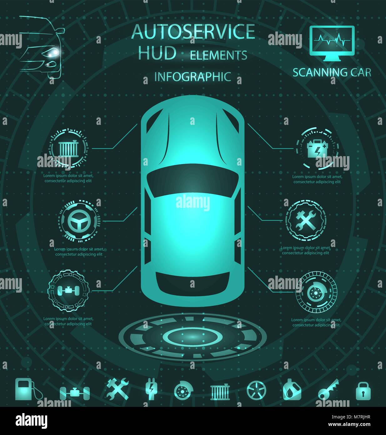 Scanning Car, Analysis and Diagnostics Vehicle, HUD Elements, Service ...