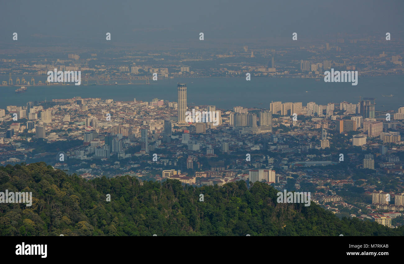 Aerial view of George Town, Malaysia. View from top of Penang Hill ...