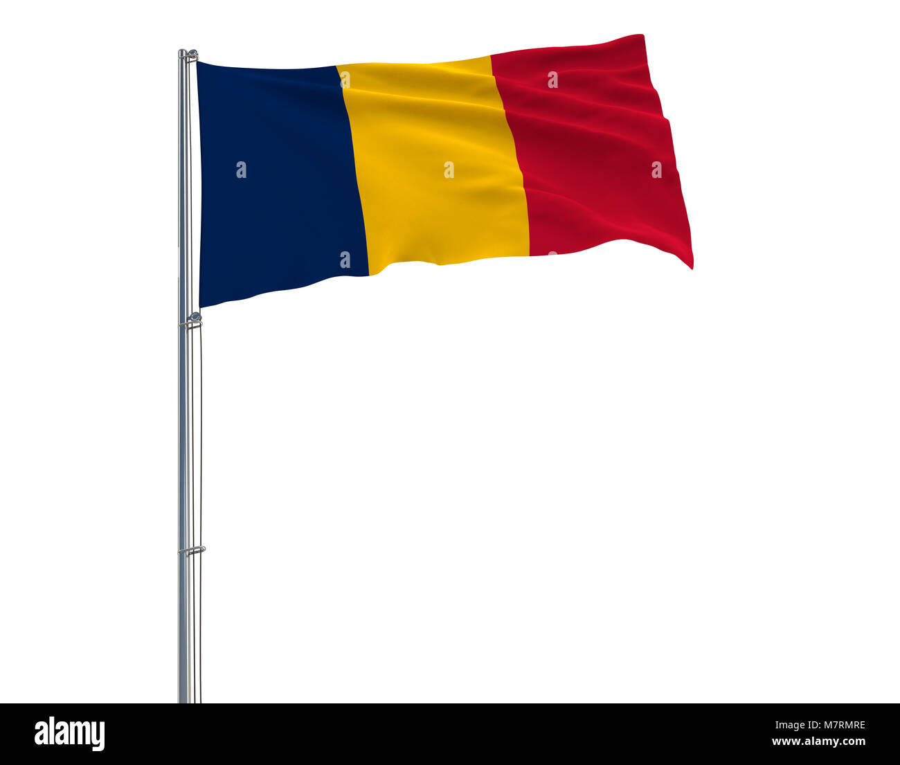 Isolate flag of Chad on a flagpole fluttering in the wind on a white ...